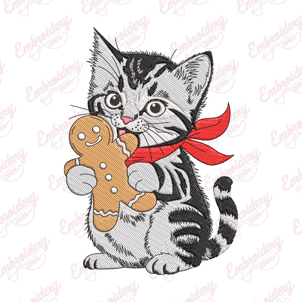 Christmas Cat Eating Gingerbread Embroidery Design – EmbroideryEver